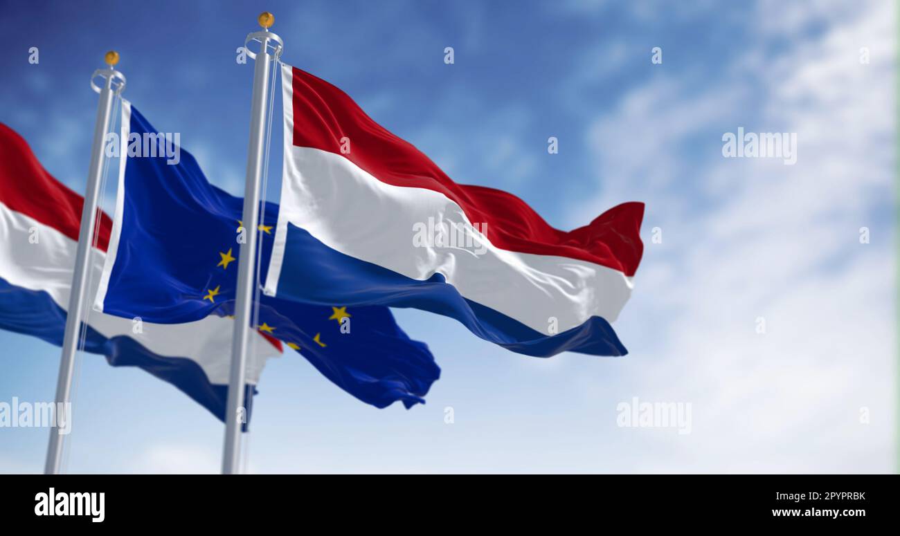 The flags of the Netherlands and the European Union waving in the wind ...