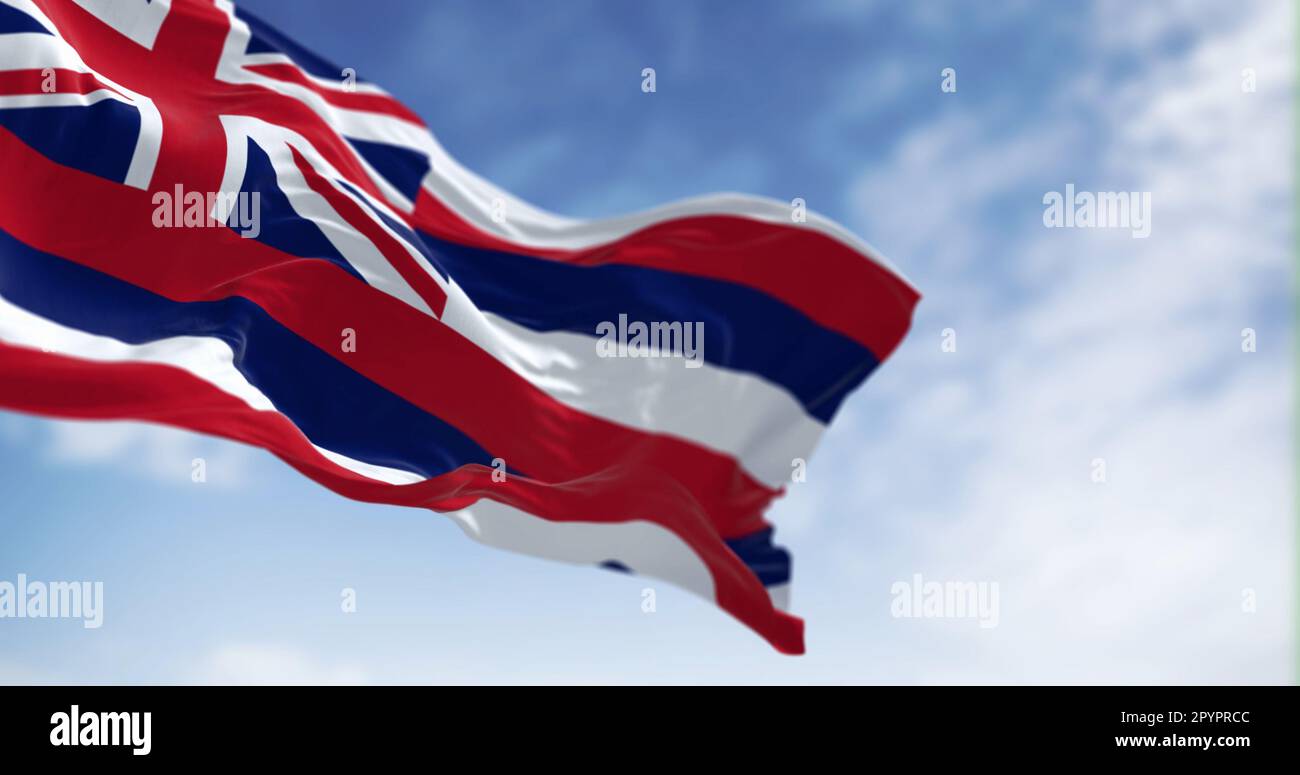 The flag of Hawaii waving in the wind on a clear day. Eight horizontal ...