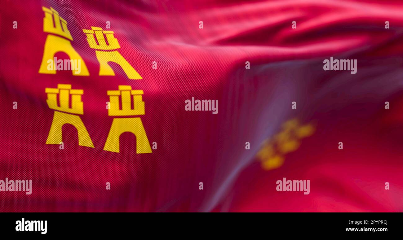 Detail of the Murcia flag waving. Autonomous community of Spain. Four ...