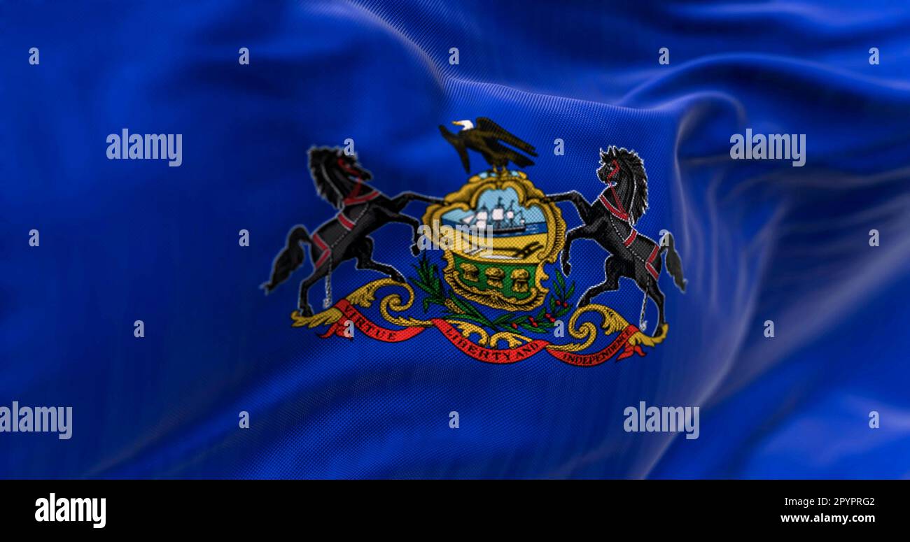 Close-up of Pennsylvania state flag waving. Blue field with state coat ...