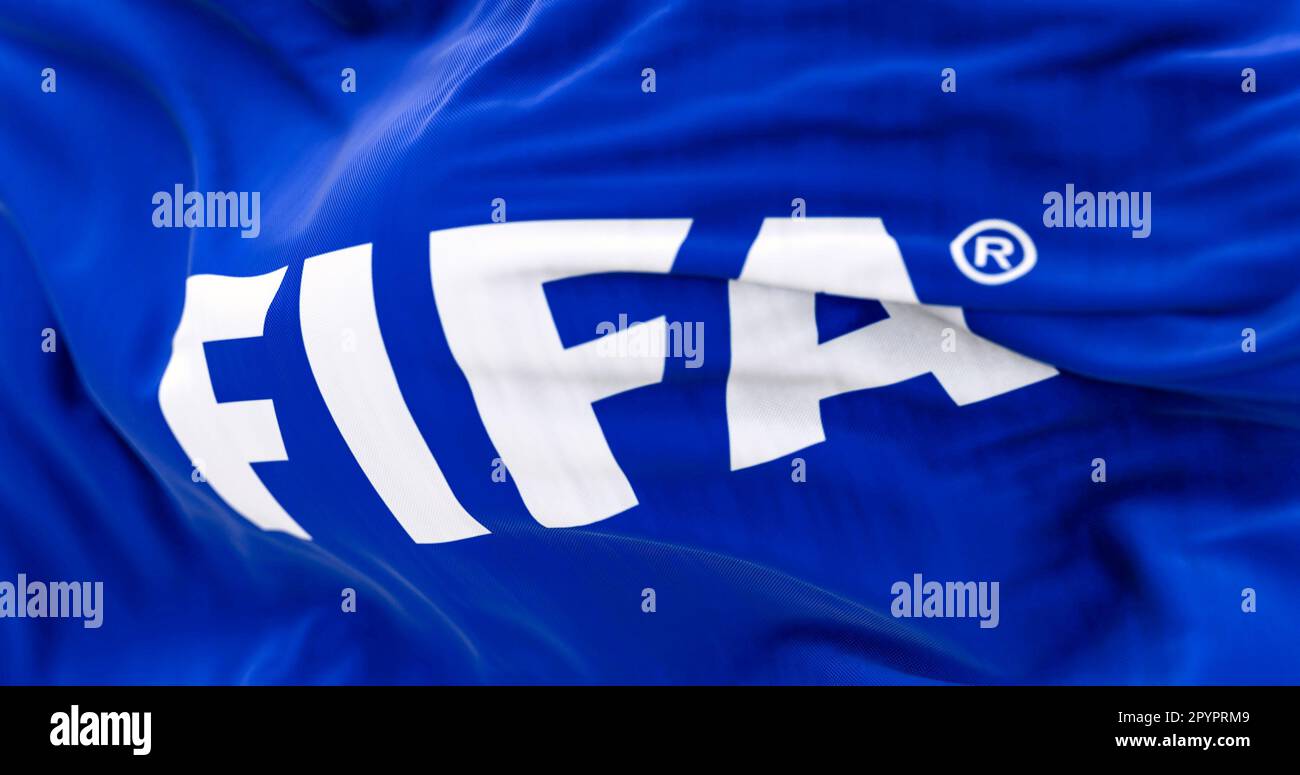 Zurich, CH, October 2022: Close-up of Fifa flag waving in the wind ...