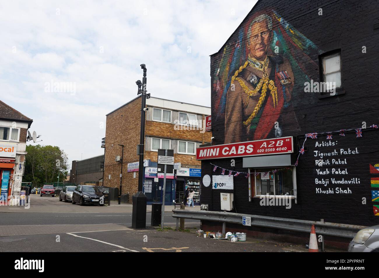 General view of a mural painting of King Charles III by artists Jignesh ...