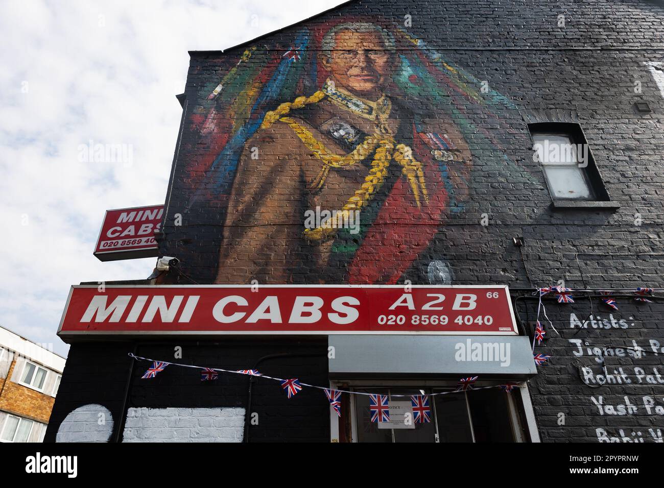 General view of a mural painting of King Charles III by artists Jignesh ...