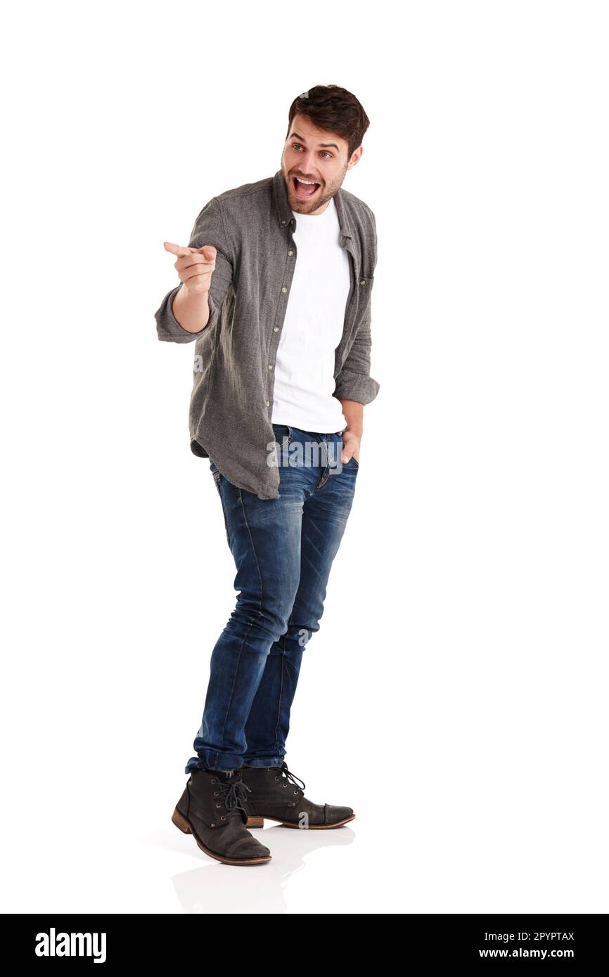 No way Check it out. Full length studio shot of a smiling young man ...