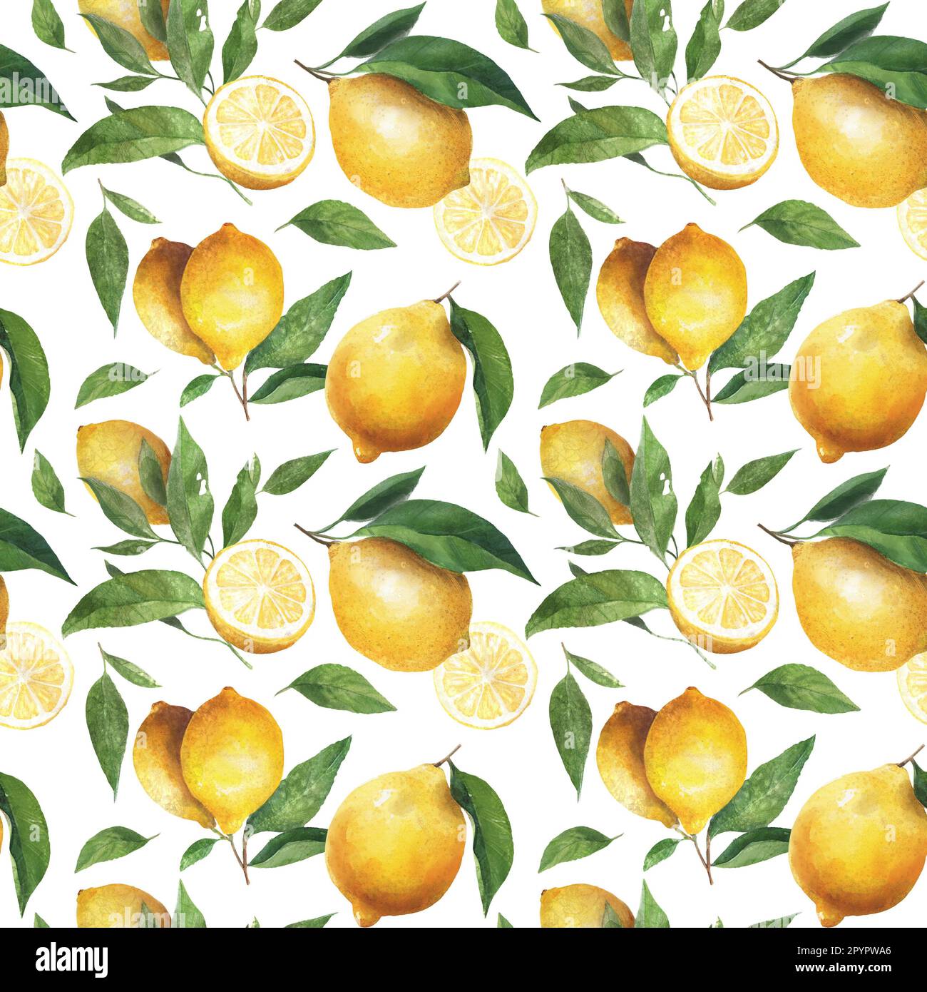 A seamless lemon pattern on white background with lemon and leaves ...
