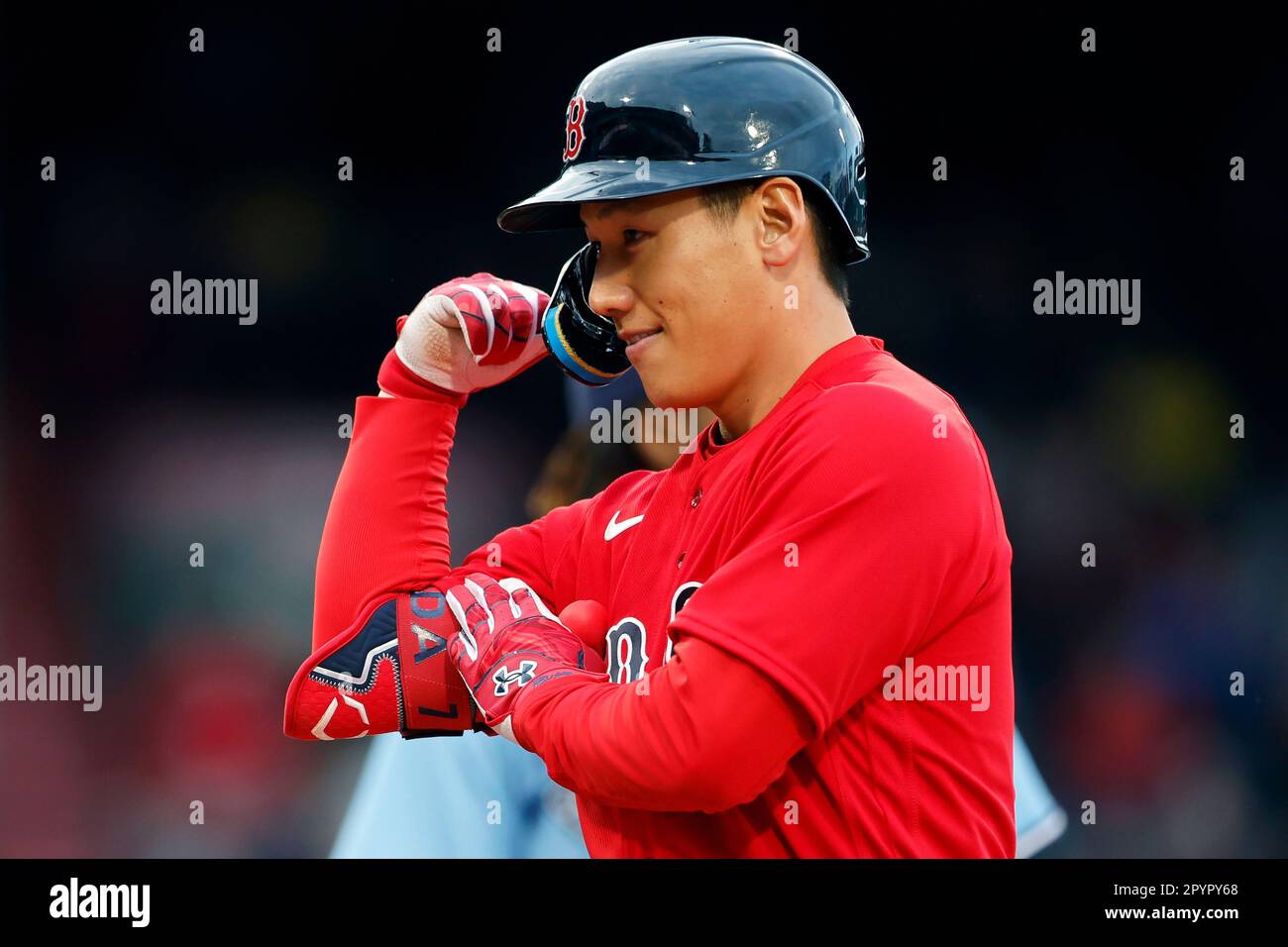Boston Red Sox's Masataka Yoshida reacts after hitting an RBI-single during the second inning of ...
