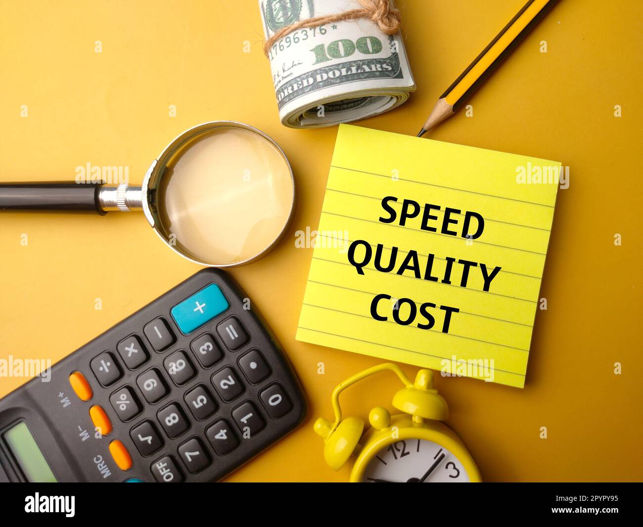 Sticky note,clock,banknote and magnifying glass with the word SPEED ...