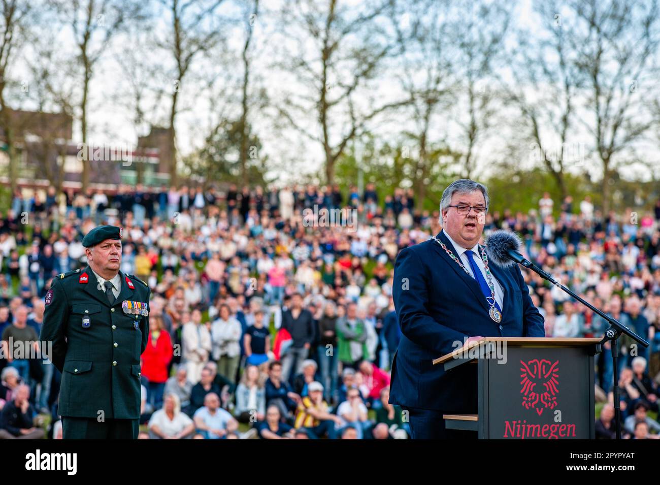 The Mayor of the city, Hubert Bruls is seen giving a speech during the ...