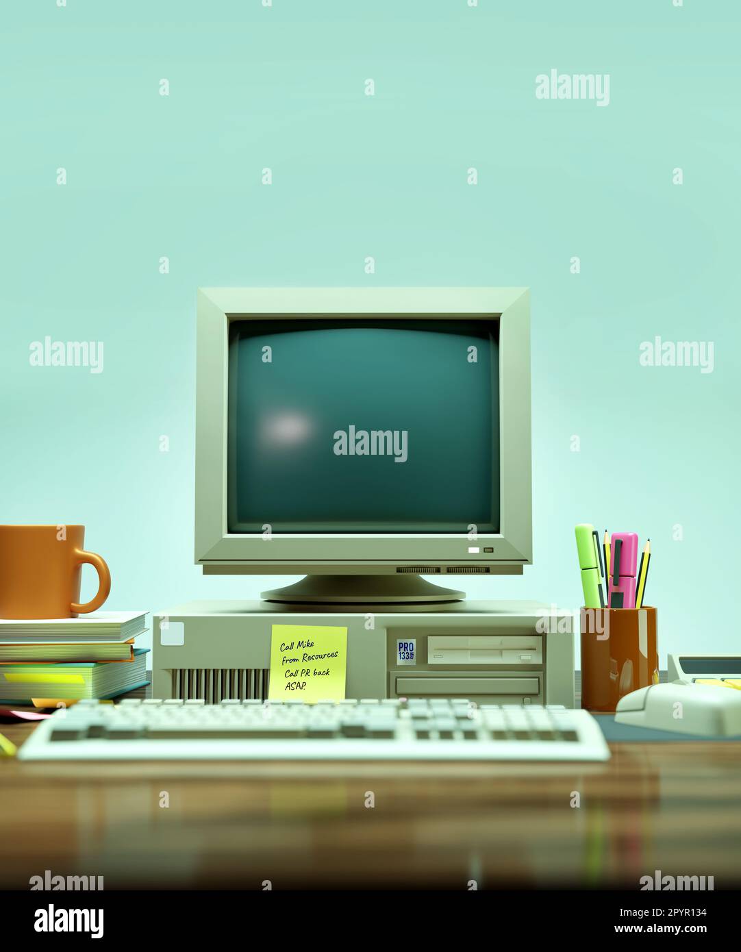 Classic 1990's desk and desktop beige PC computer. 3D illustration ...