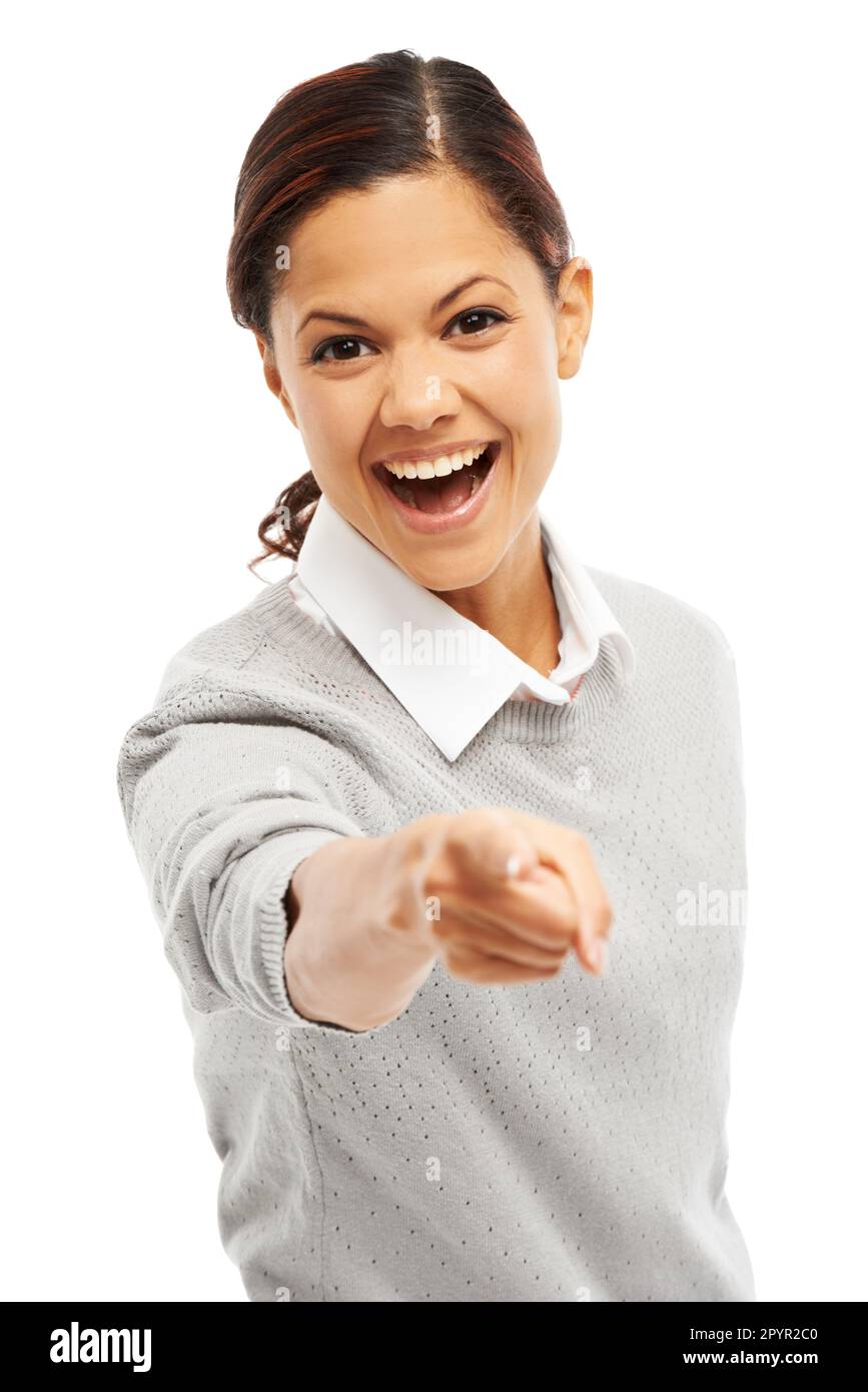 Beautiful brunette woman laughing pointing hi-res stock photography and ...