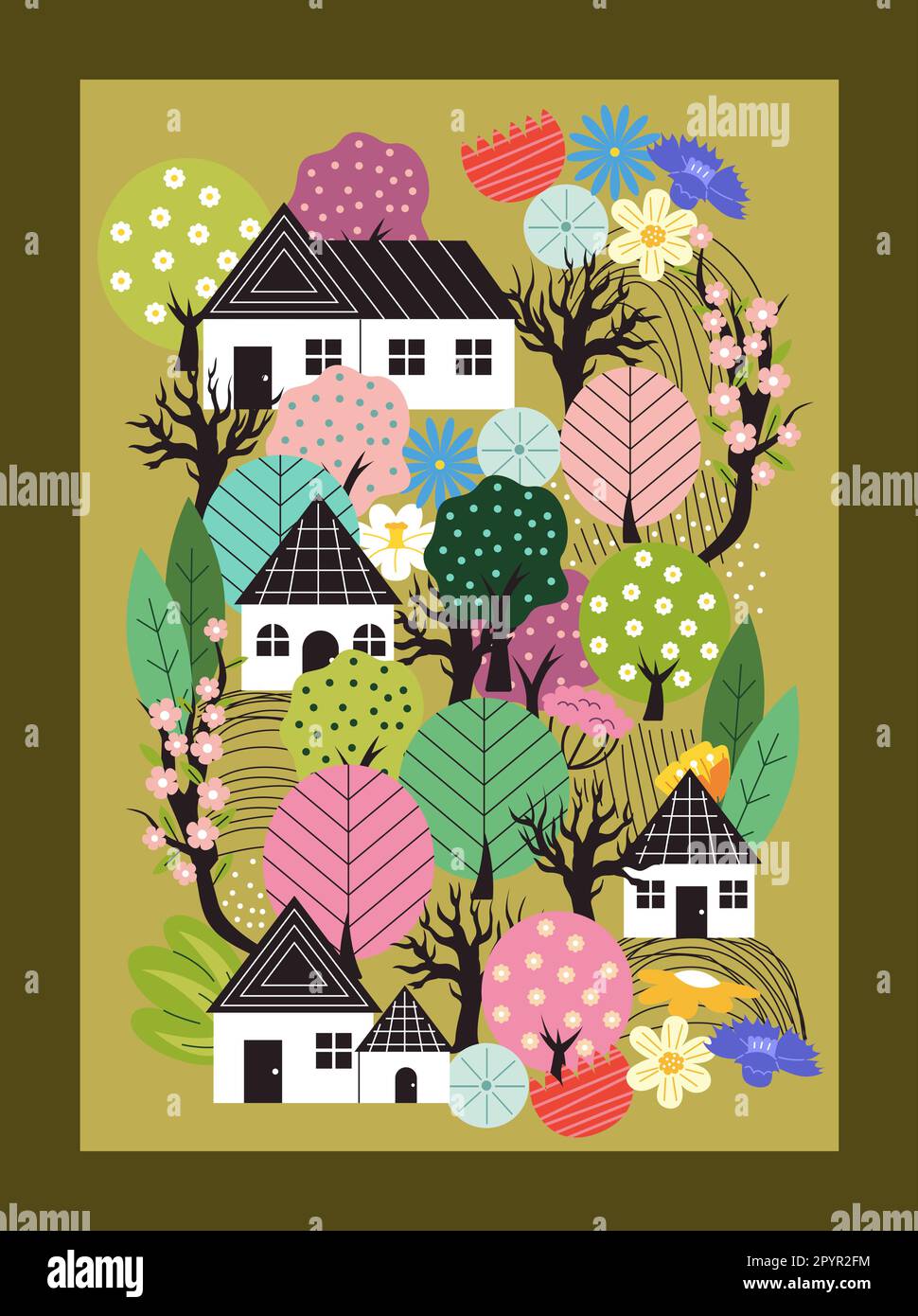 Posters with nature landscape. Colorful doodle panorama with village ...