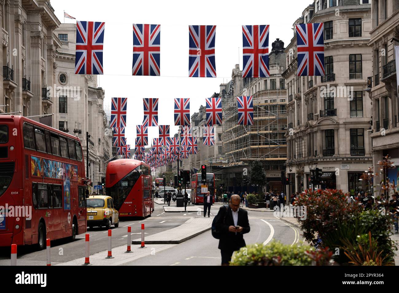 London England, UK. 04/05/2023, Streets are festooned with the Union ...