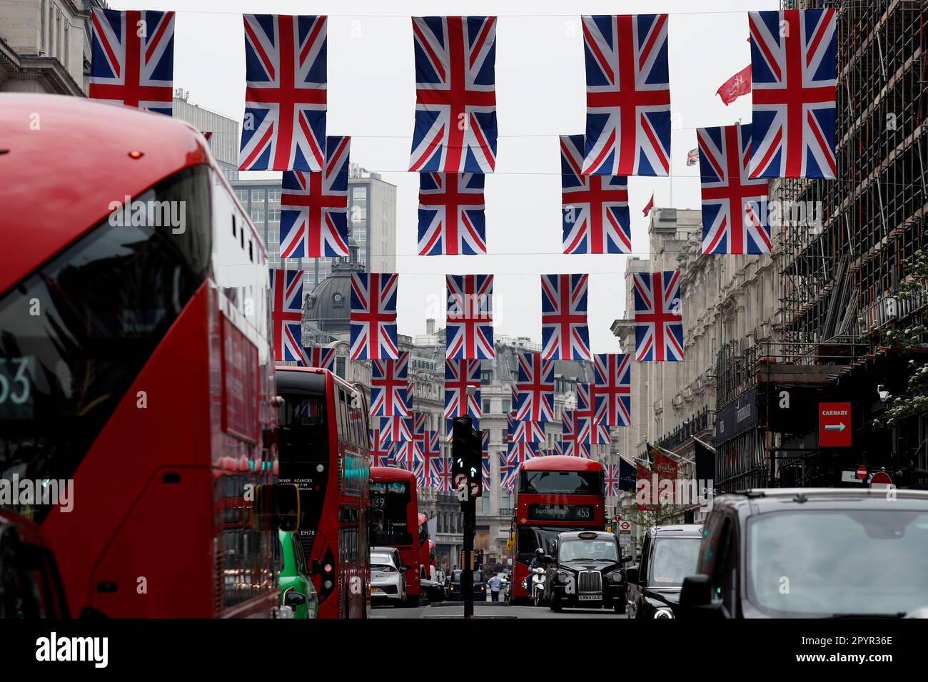 London England, UK. 04/05/2023, Streets are festooned with the Union ...