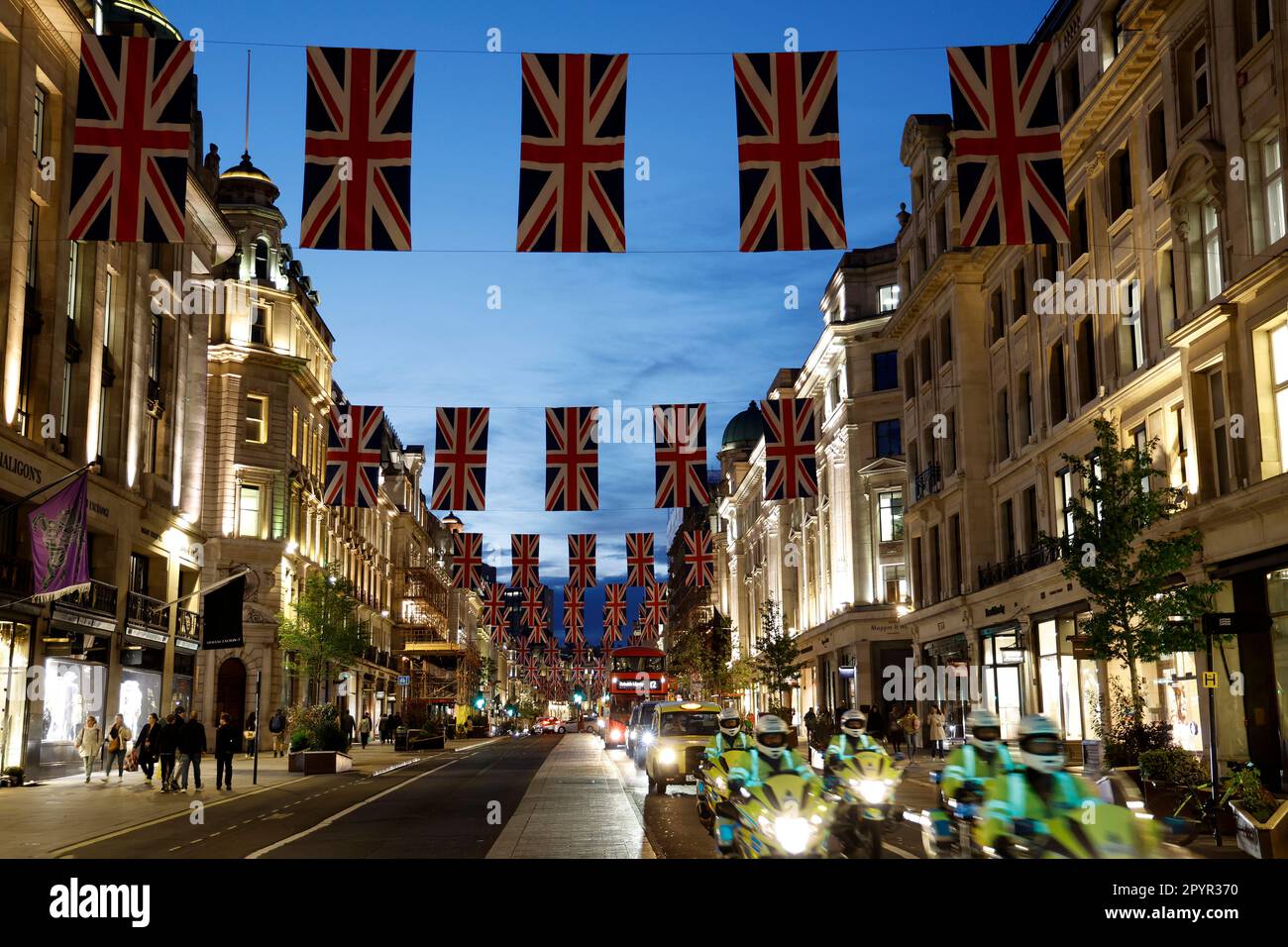 London England, UK. 04/05/2023, Streets are festooned with the Union ...