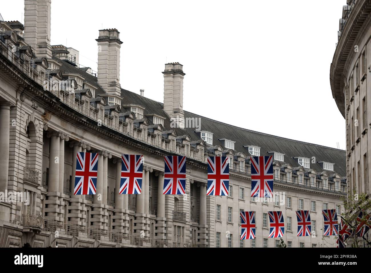 London England, UK. 04/05/2023, Streets are festooned with the Union ...