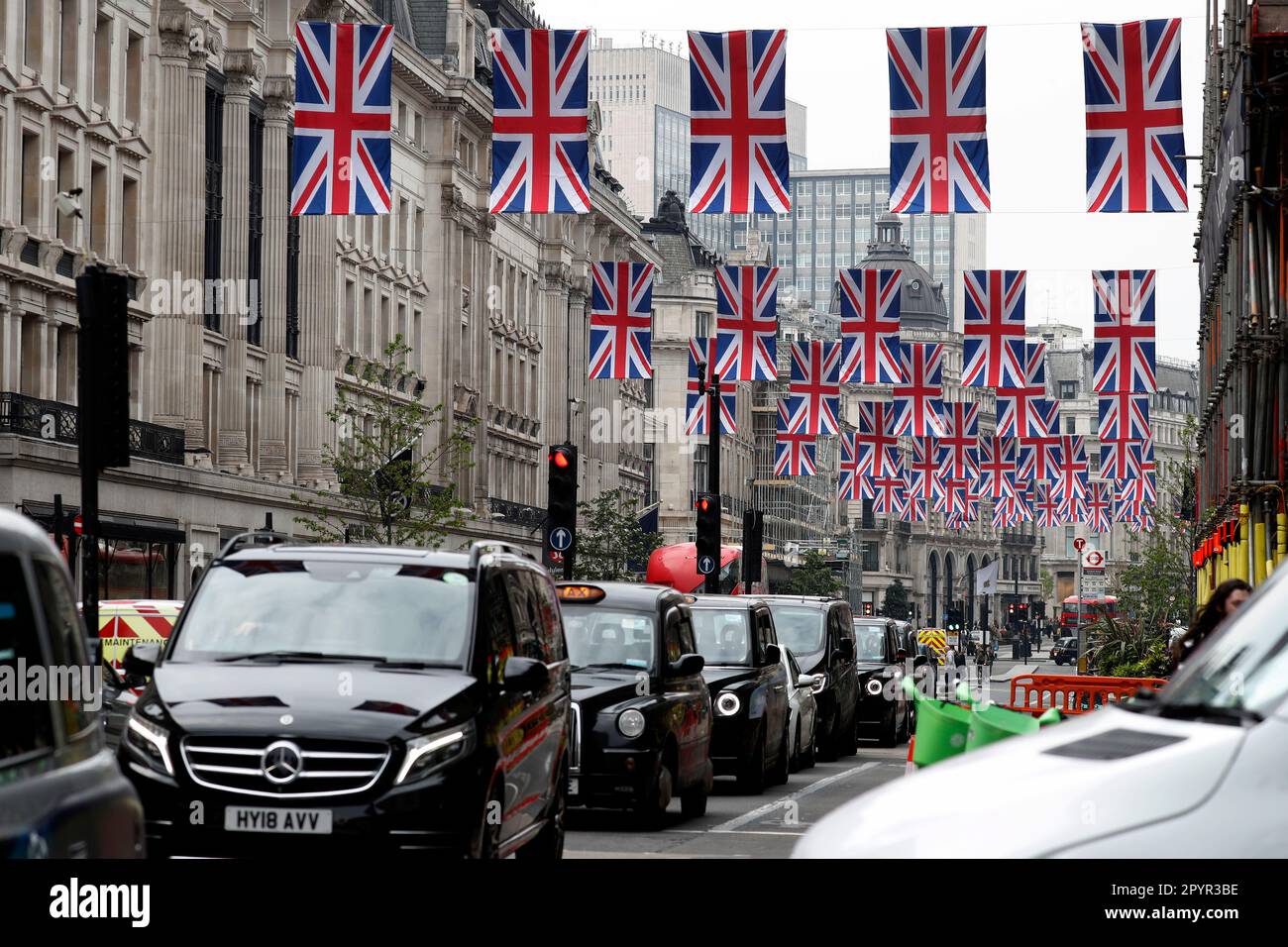 London England, UK. 04/05/2023, Streets are festooned with the Union ...