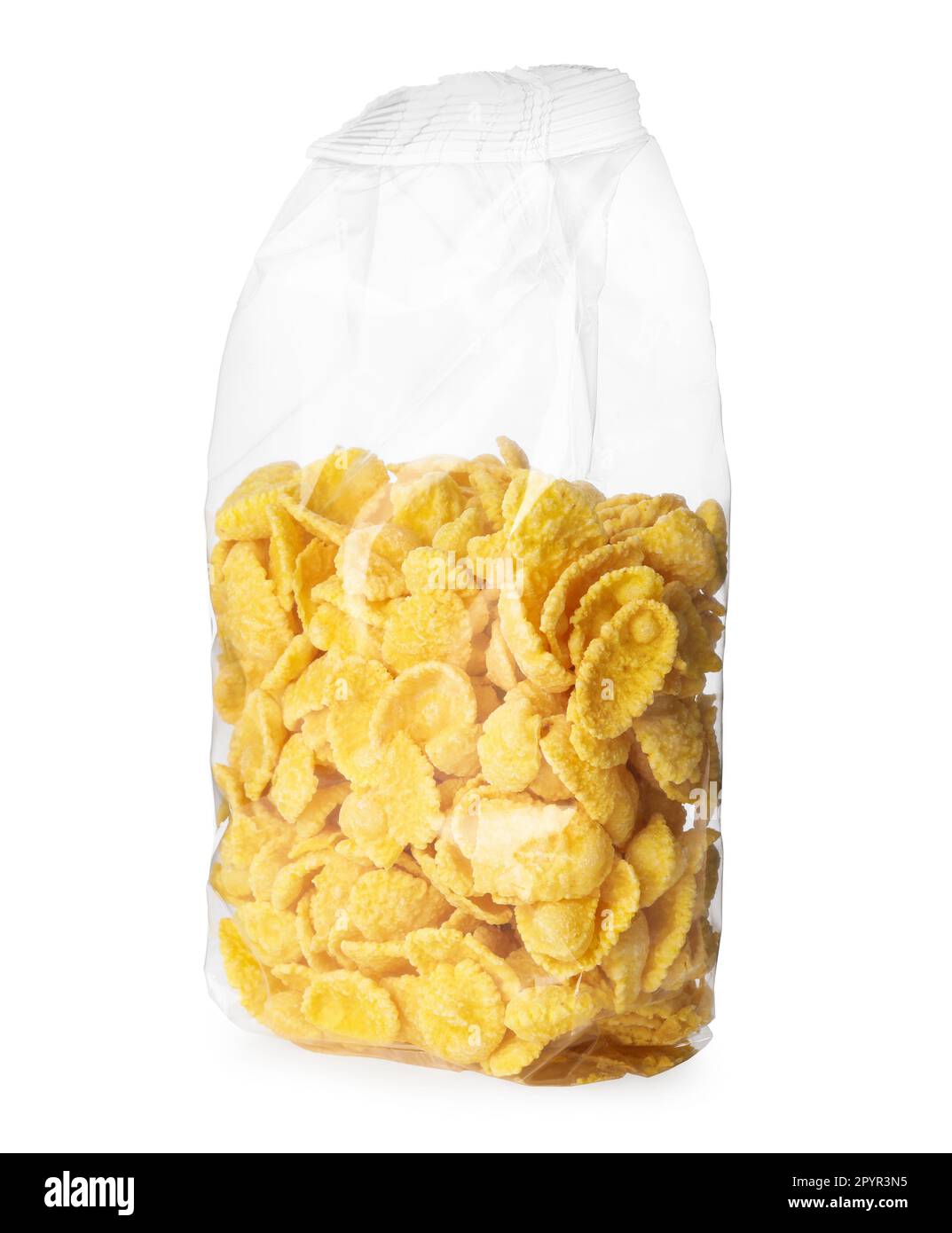 Transparent plastic pack of tasty crispy corn flakes isolated on white ...