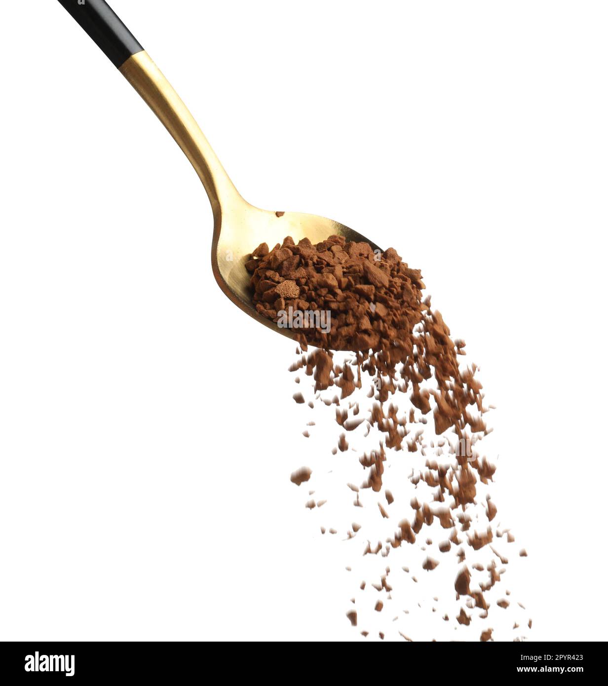 Pouring aromatic instant coffee from spoon on white background Stock ...