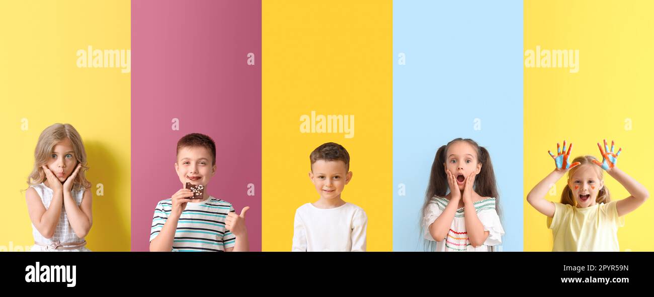 Collection of different little children on color background Stock Photo ...