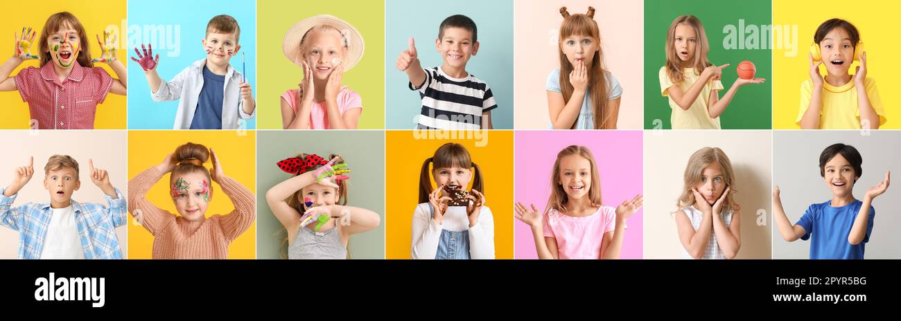 Set of different little children on color background Stock Photo - Alamy