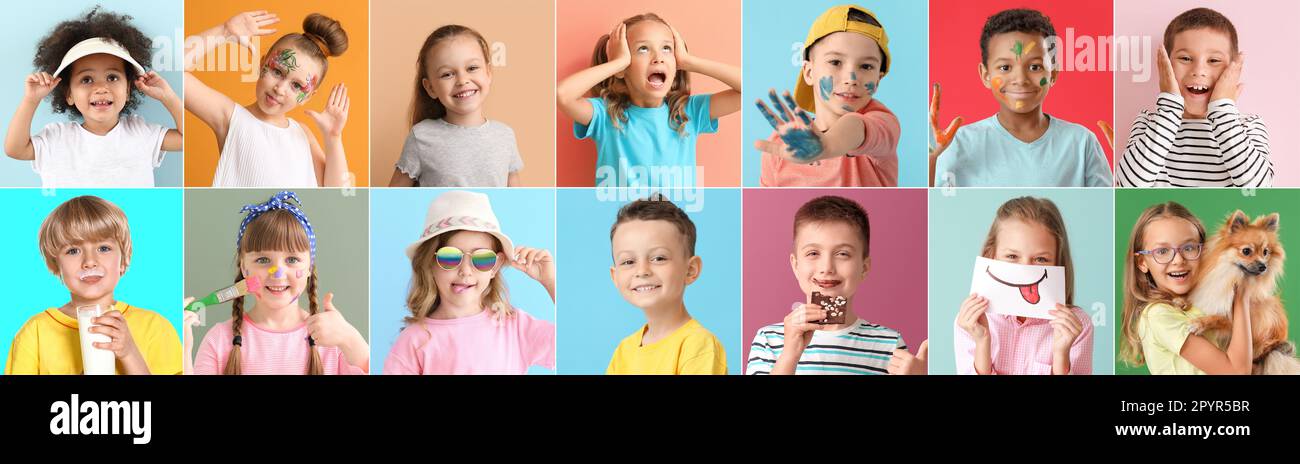 Collection of different adorable children on color background Stock ...