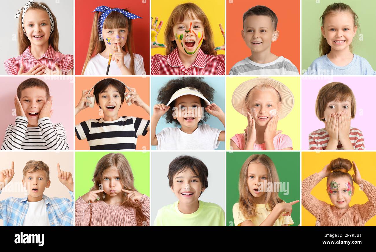 Collage of different adorable children on color background Stock Photo ...
