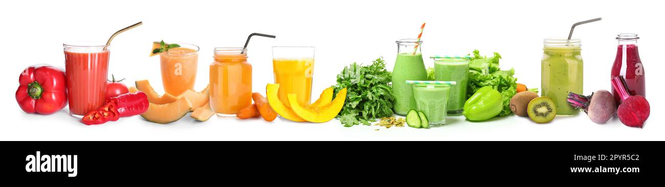Set of different smoothies with ingredients on white background Stock ...