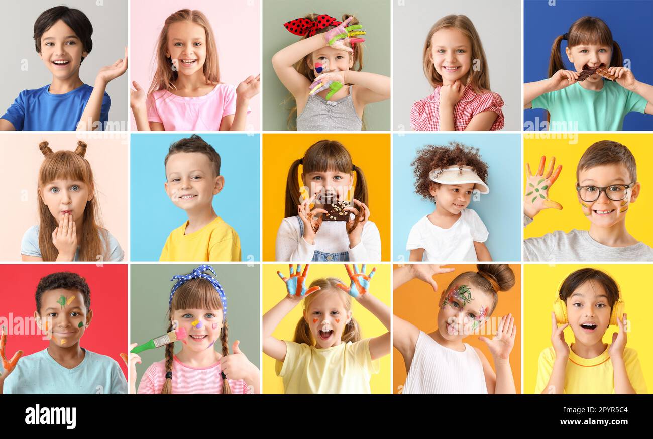 Collection of different cute children on color background Stock Photo ...