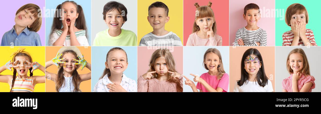 Group of different adorable children on color background Stock Photo ...