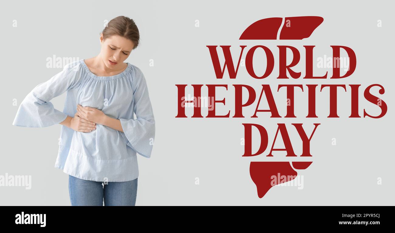 Woman feeling discomfort in liver on light background. World Hepatitis ...