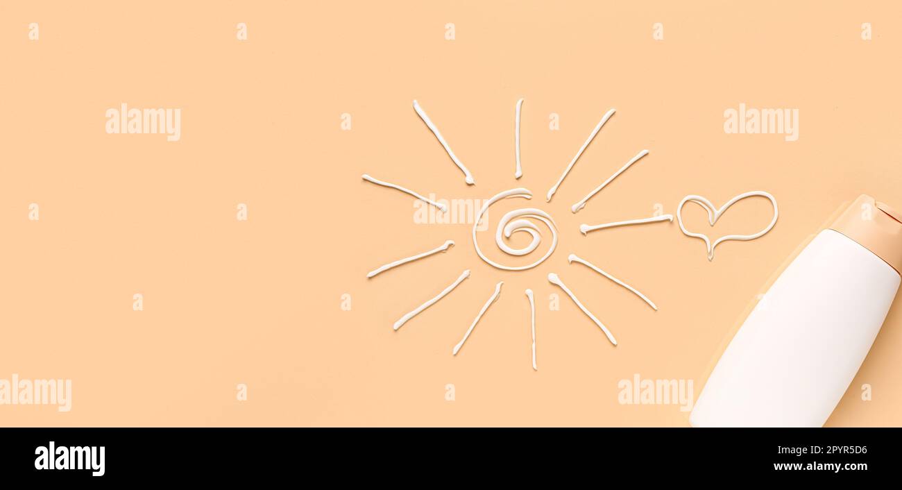 Bottle of sunscreen cream, drawn sun and heart on beige background ...