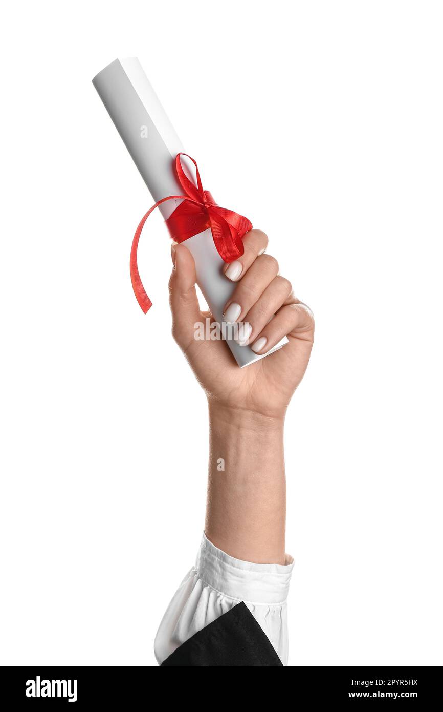 Woman holding diploma with ribbon on white background Stock Photo - Alamy