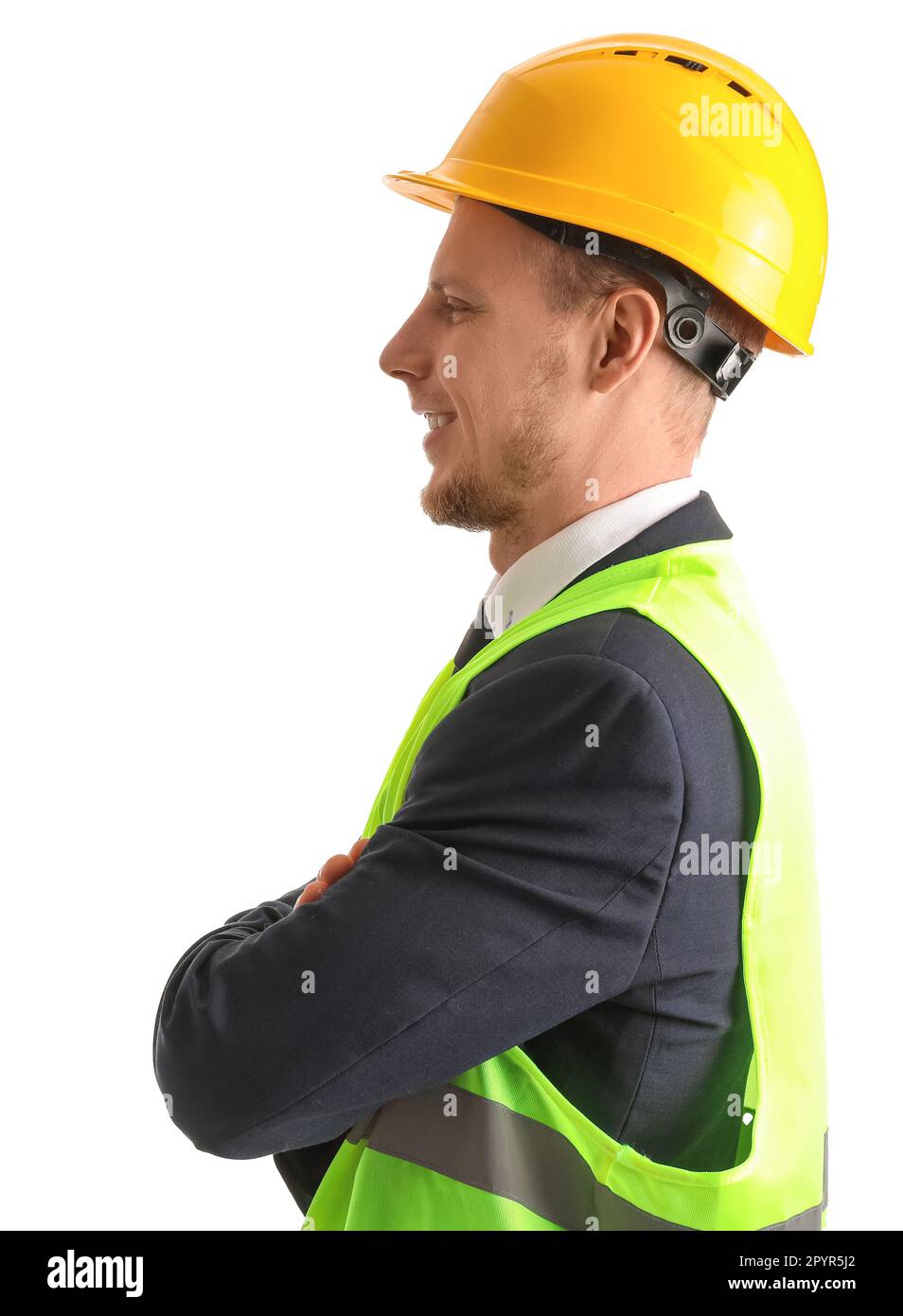 Male architect in vest on white background Stock Photo - Alamy
