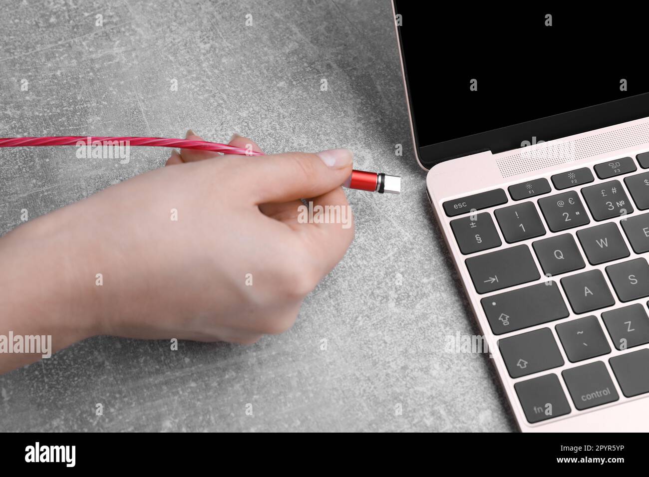 Woman plugging USB cable with type C connector into laptop port at grey ...