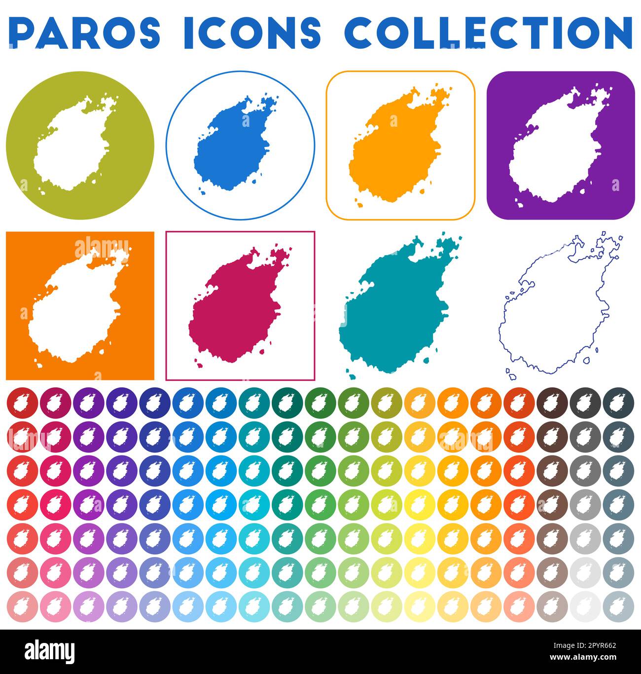 Paros icons collection. Bright colorful trendy map icons. Modern Paros ...