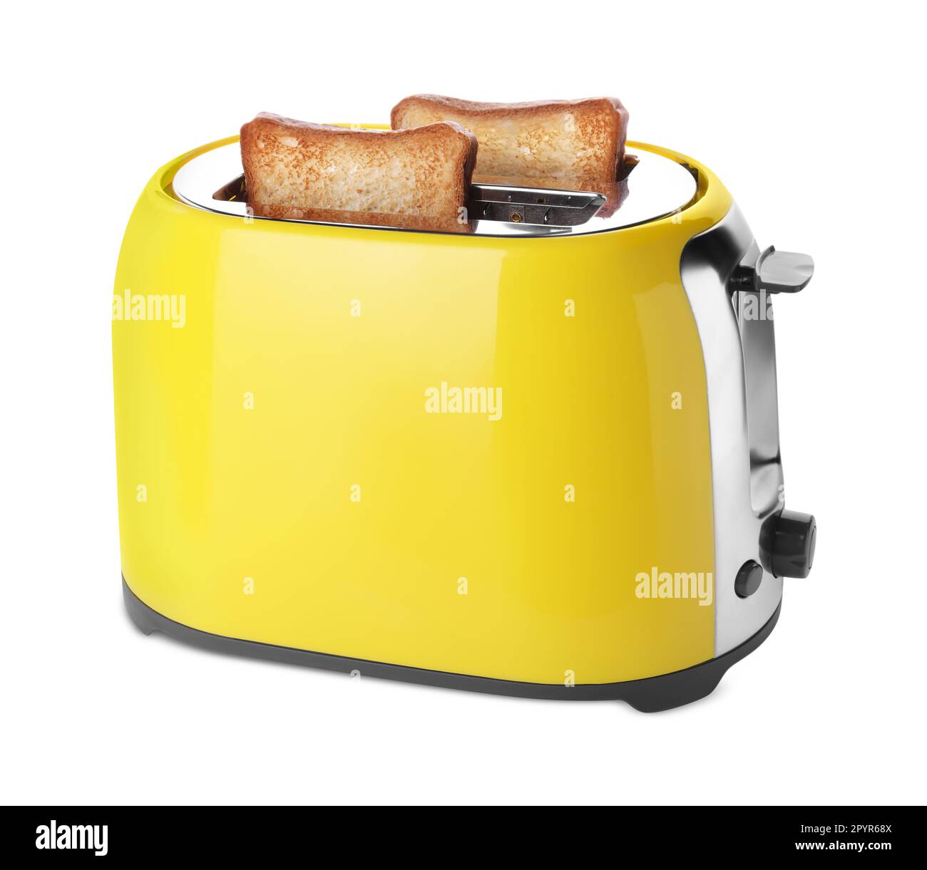 Yellow toaster with roasted bread slices on white background Stock ...