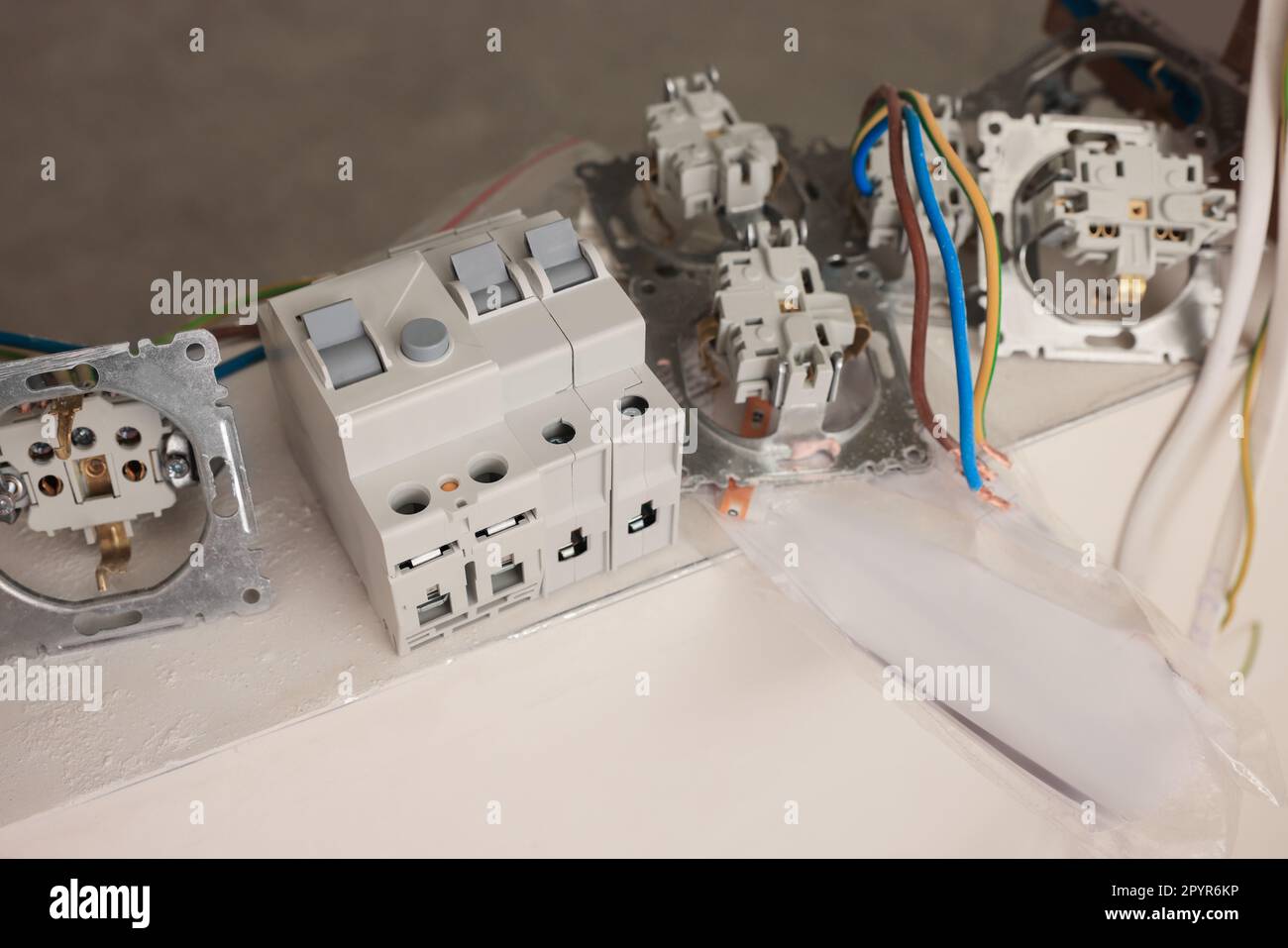 Power sockets with wires and residual-current device indoors Stock ...