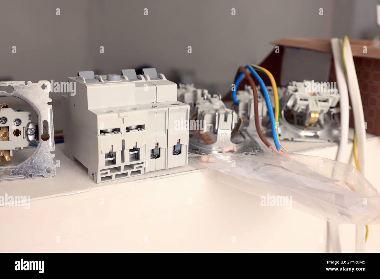 Power sockets with wires and residual-current device indoors Stock ...
