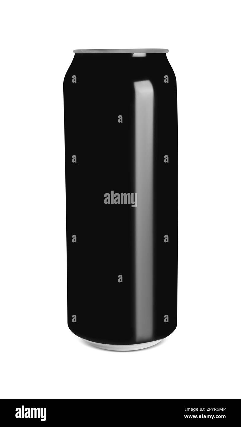 Black can with beverage isolated on white. Mockup for design Stock ...