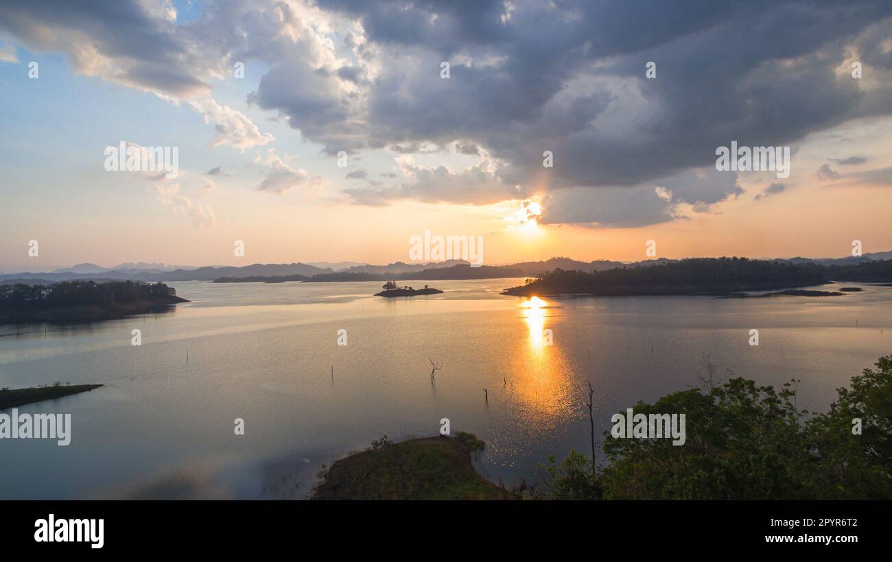 aerial view Beautiful sky in sunset above the Lagoon. Scene of romantic ...