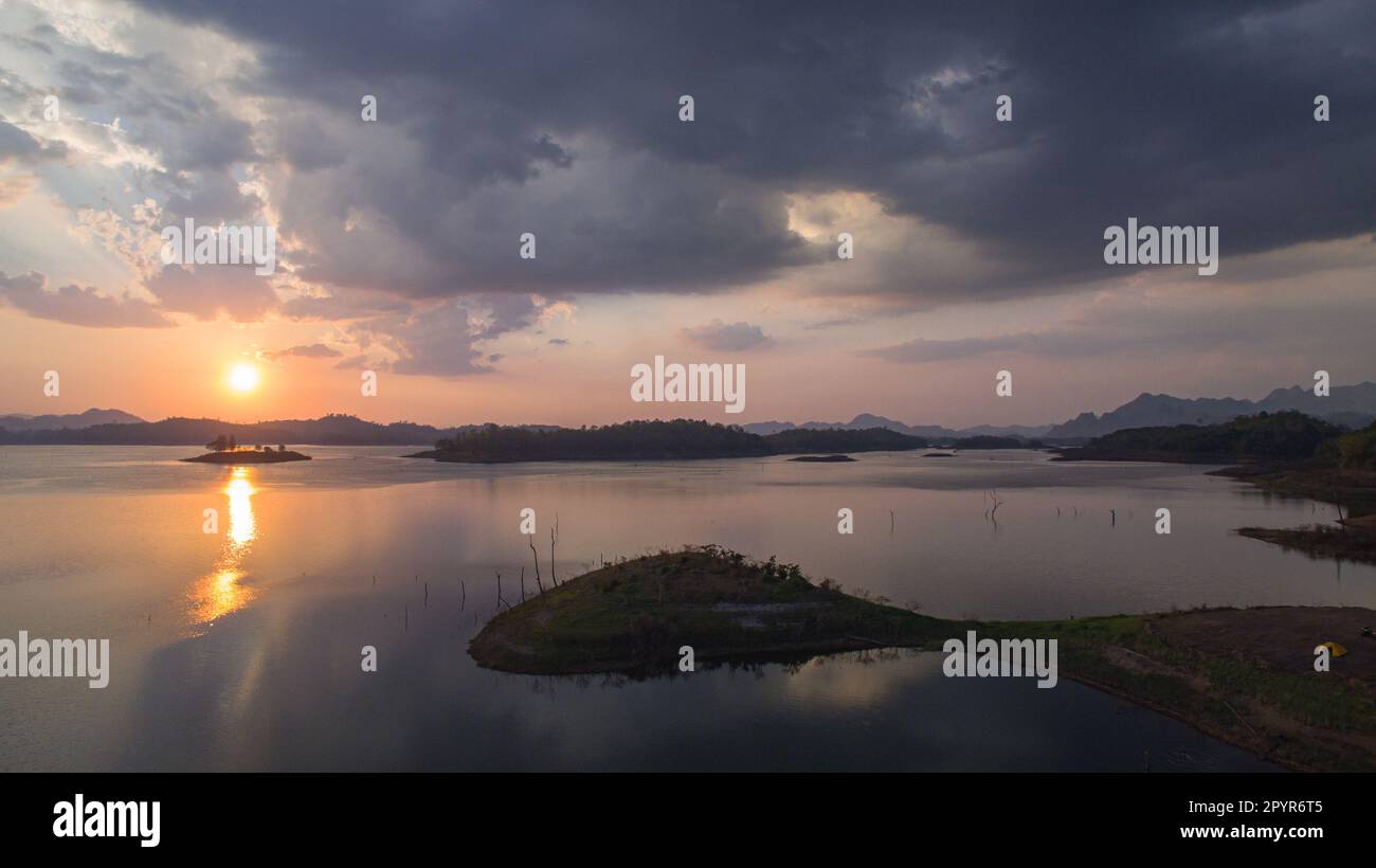 aerial view Beautiful sky in sunset above the Lagoon. Scene of romantic ...