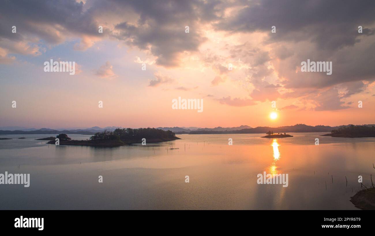 aerial view Beautiful sky in sunset above the Lagoon. Scene of romantic ...