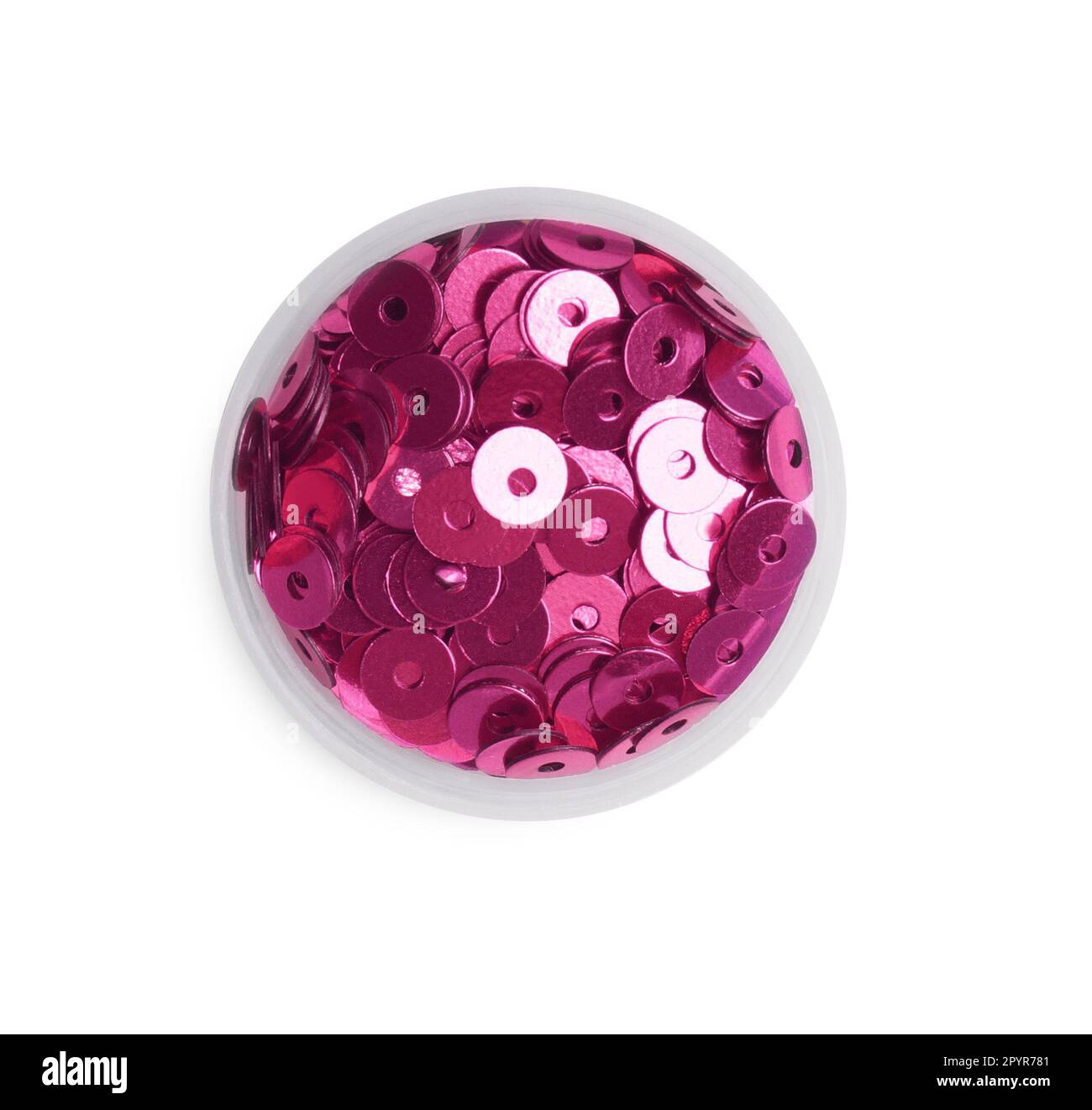 Pink sequins in container isolated on white, top view Stock Photo - Alamy
