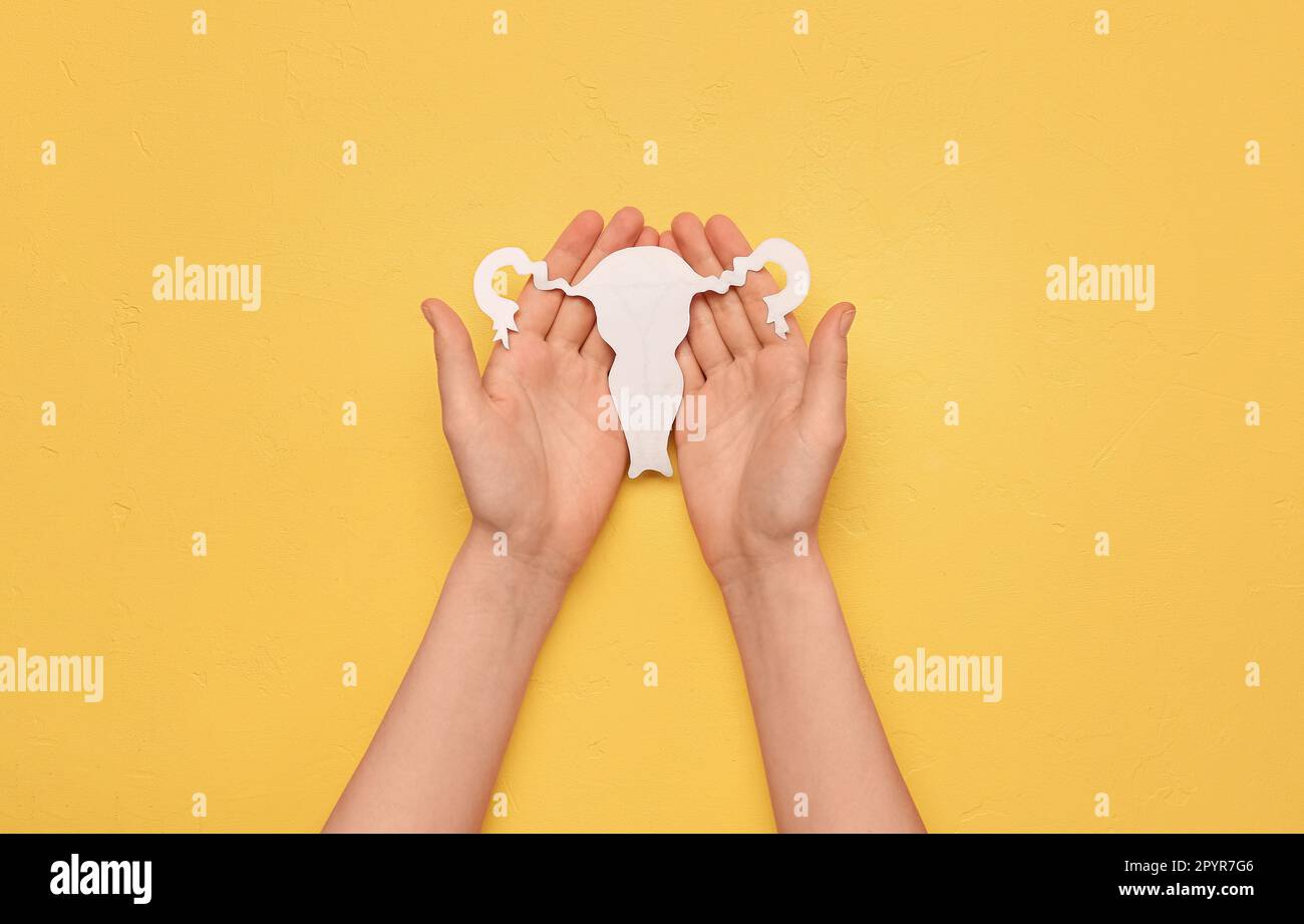 Woman with paper uterus on yellow background. Hormones concept Stock ...