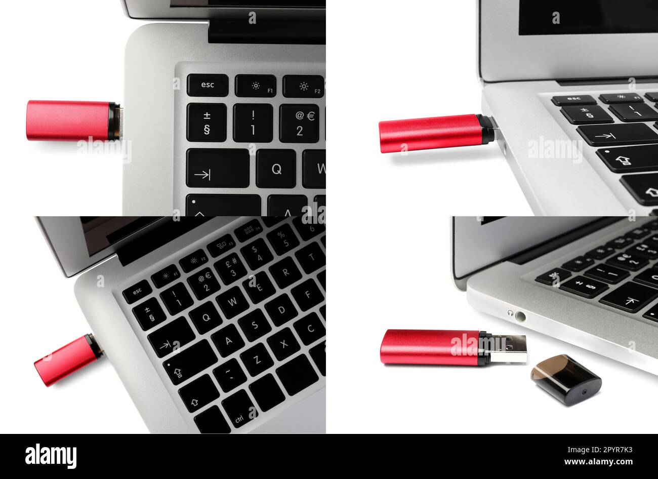 Collage with photos of laptops and usb flash drives on white background ...
