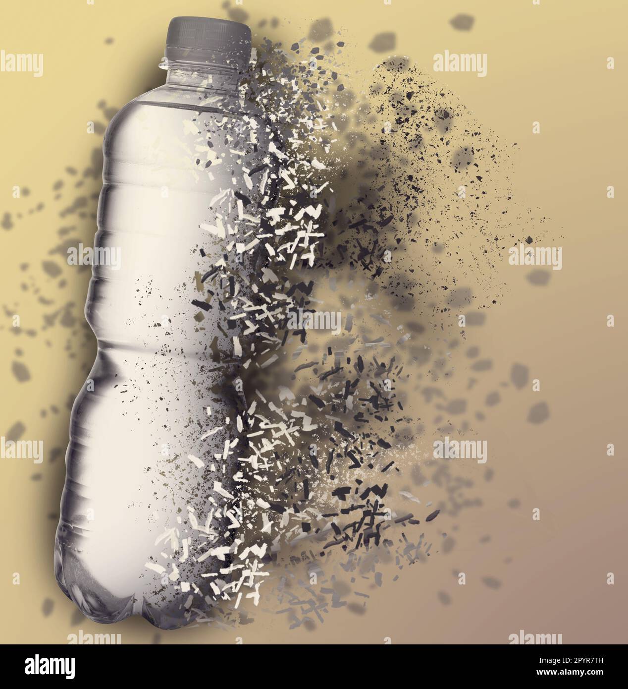 Bottle of water vanishing on color background. Decomposition of plastic ...
