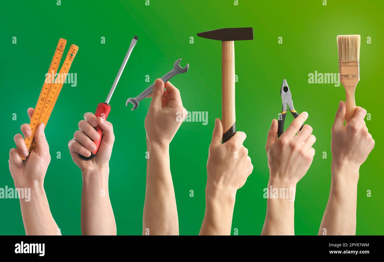 Collage with photos of men holding different construction tools on ...