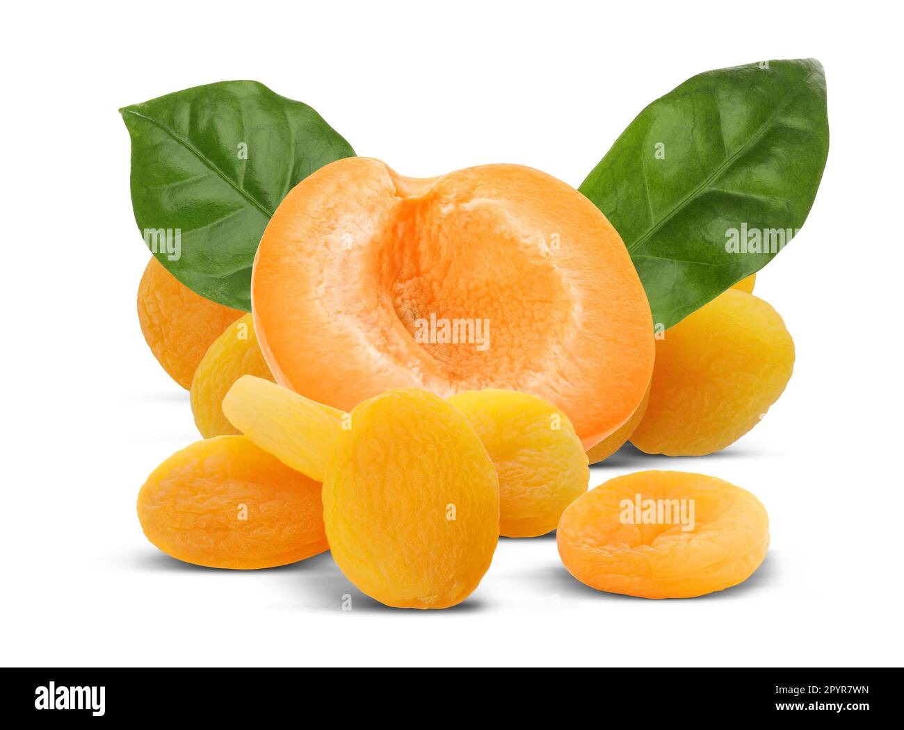 Tasty dried apricots and fresh one with green leaves on white ...