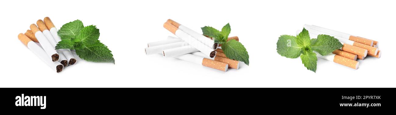 Set with menthol cigarettes and fresh mint leaves on white background ...