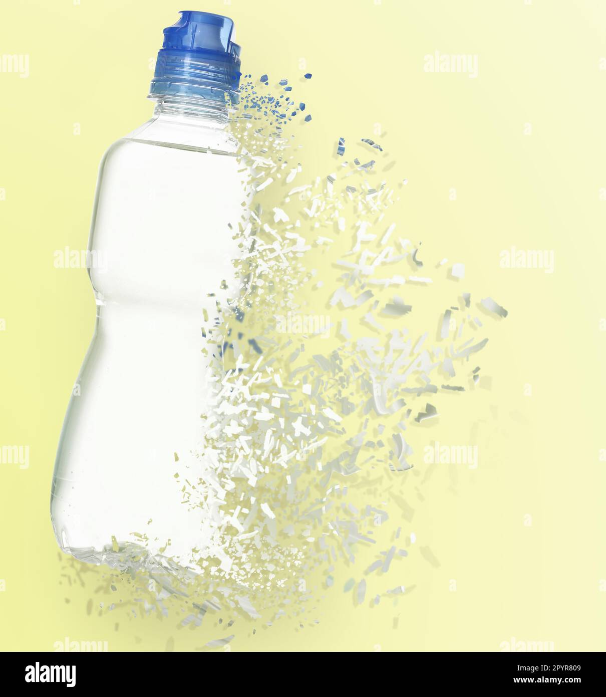 Bottle of water vanishing on color background. Decomposition of plastic ...